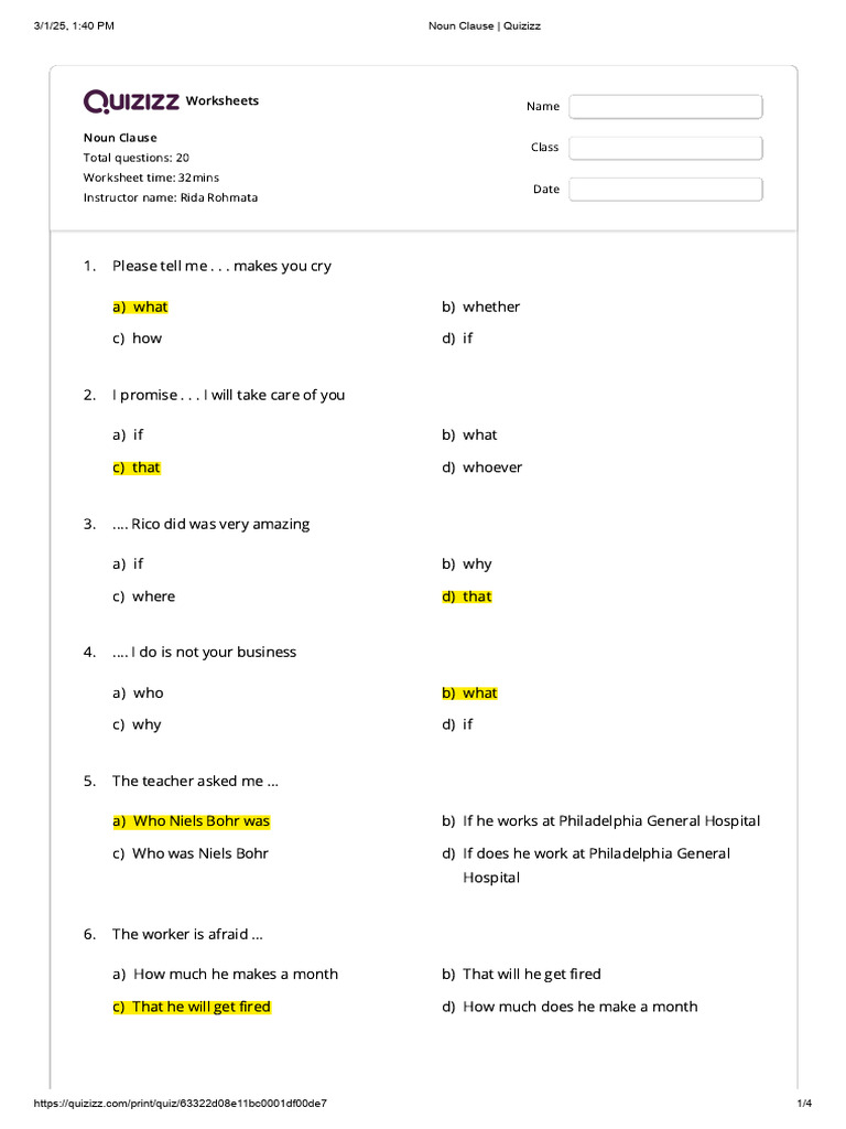 Noun Clause - Quizizz - Removed | PDF