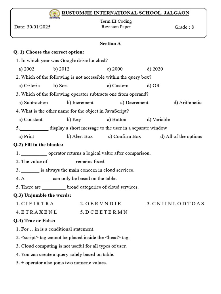 Grade 8 Coding Revision Paper | PDF