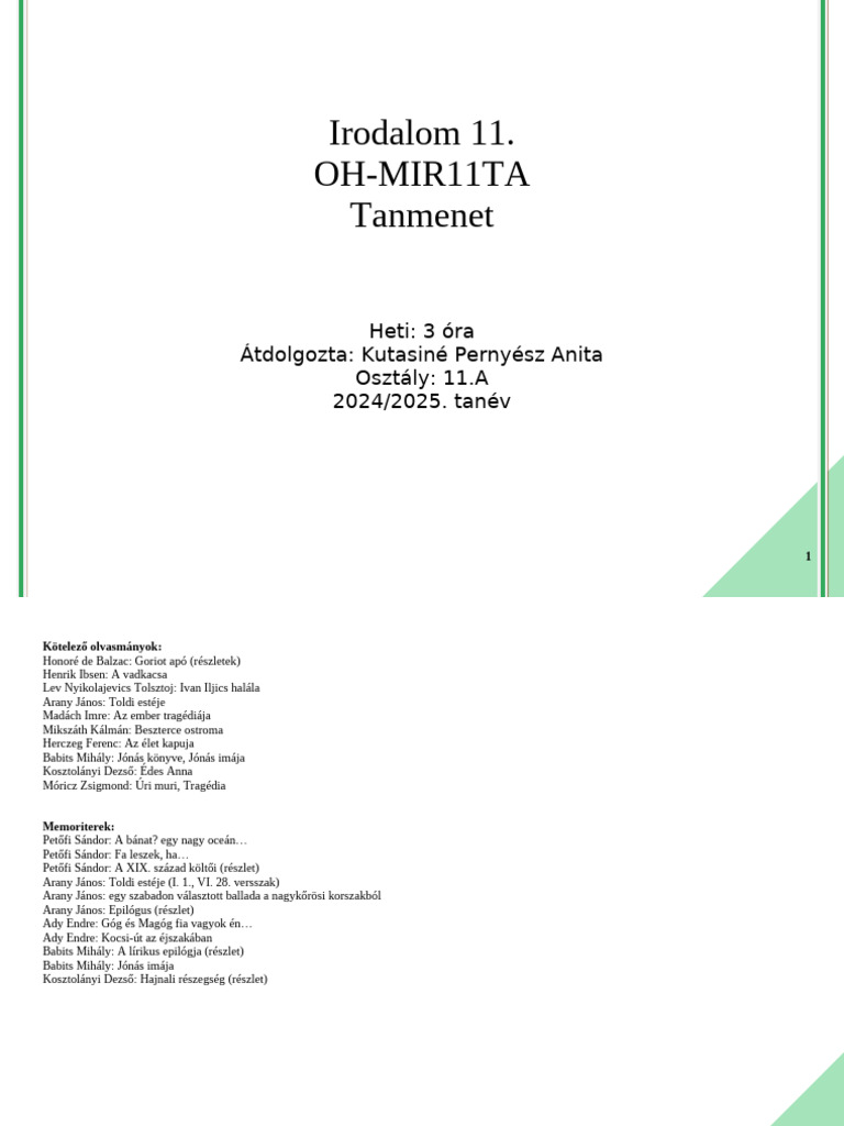 Tanmenet Irodalom 11 | PDF