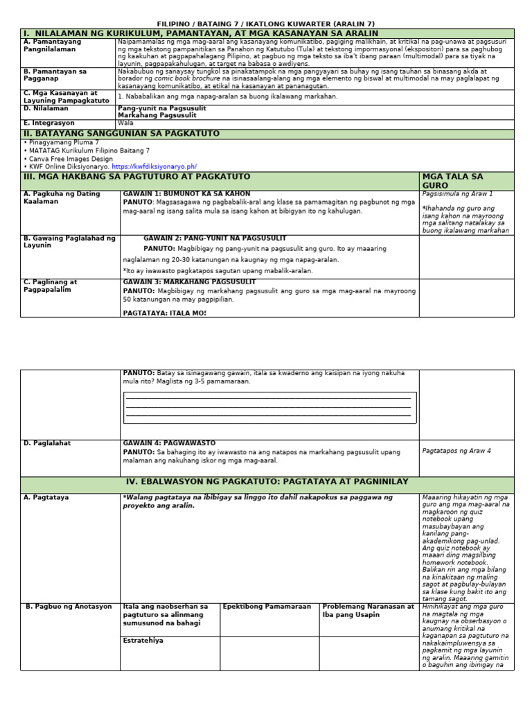 LE-FILIPINO-7 - Q3 - Aralin7 - Markahang Pagsusulit - W8 | PDF