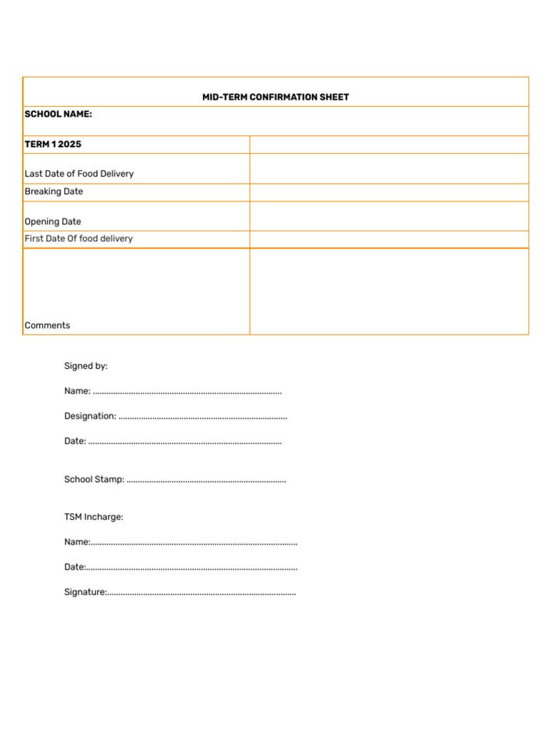 Term Dates Confirmation Sheet 2025 | PDF