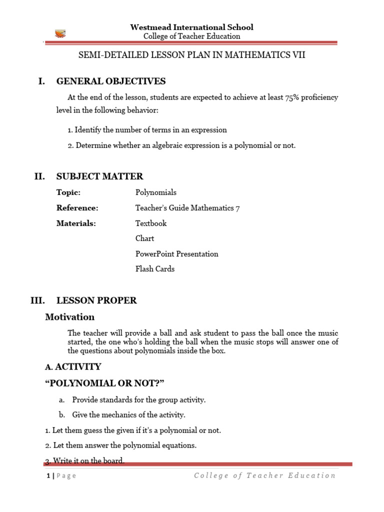 Semi Detailed Lesson Plan in Mathematics 7 Compress | PDF | Polynomial ...