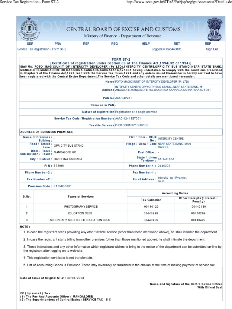 Service Tax Registration - Form ST-2 | PDF | Government Finances ...