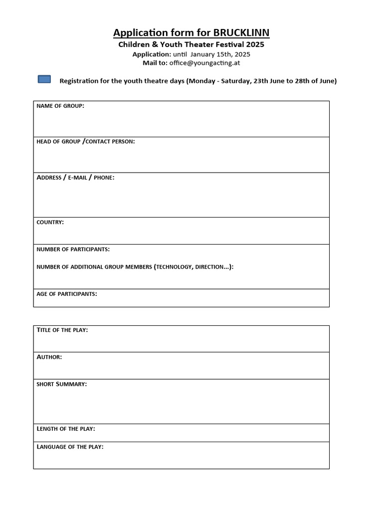 Brucklinn Youth Theater Festival 2025 Application | PDF