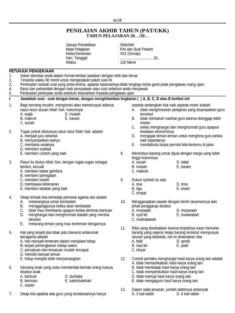 Soal PAT PAI Kelas 11 | PDF