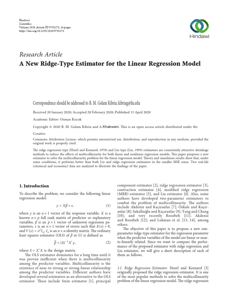 1.a New Ridge-Type Estimator For The Linear Regression Model | PDF | Ordinary Least Squares ...
