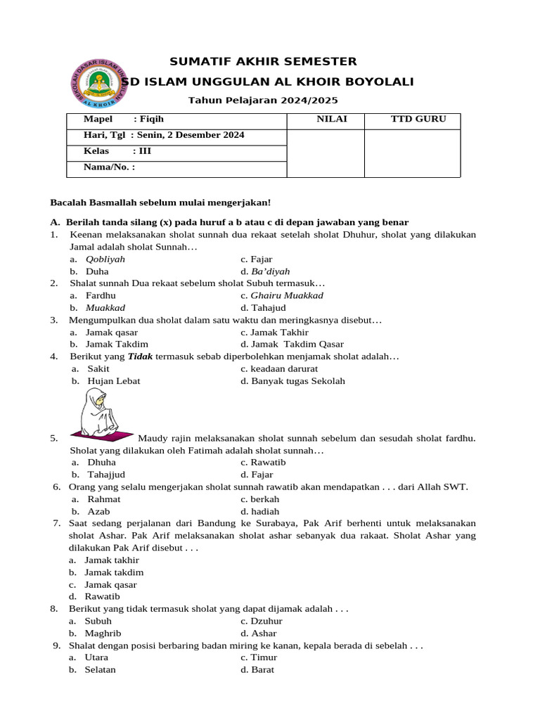 Soal Fiqih Kelas III SD Islam 2024 | PDF