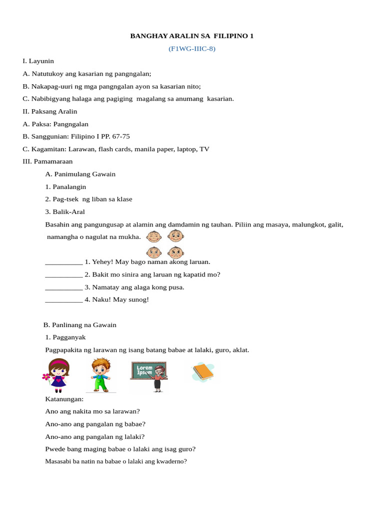 BANGHAY ARALIN SA FILIPINO 1 (COT 3 ) | PDF