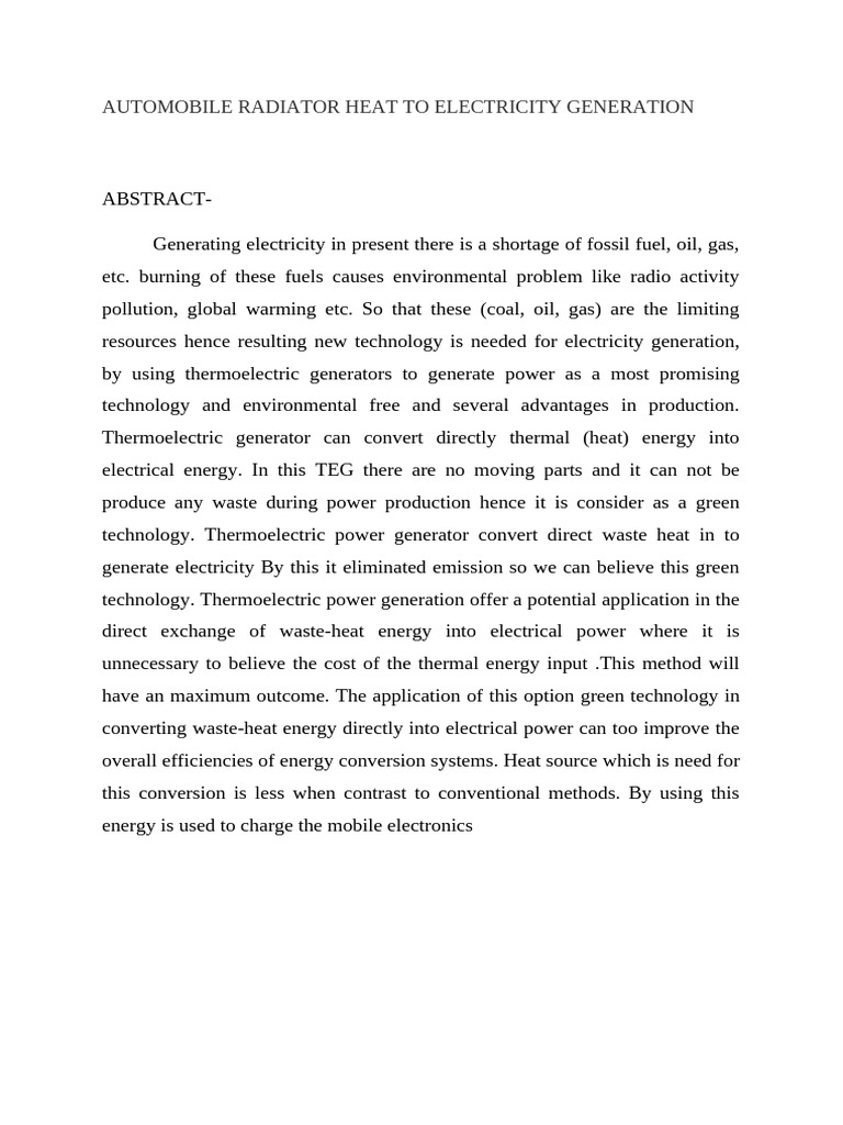 Automobile Radiator Heat To Electricity Generation | PDF | Electricity Generation | Fossil Fuel ...