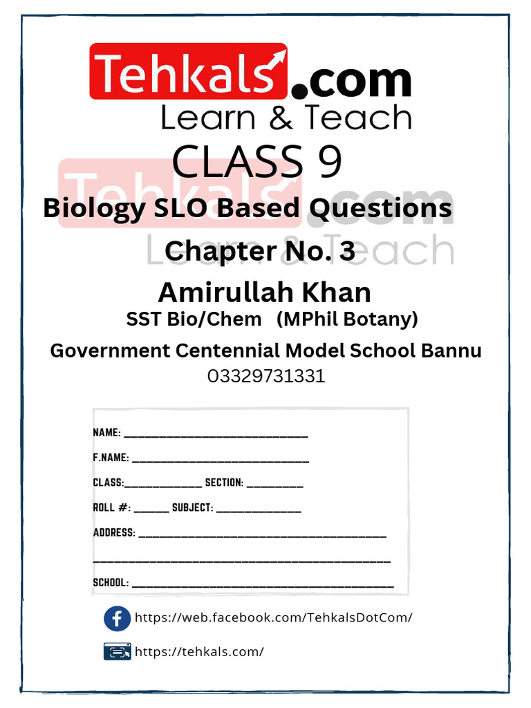 Biology Class 9 SLO Ch # 3-1-2 | PDF