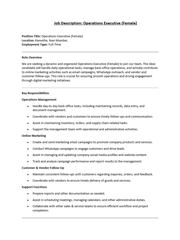 Operations Executive Job Description | PDF | Marketing | Communication