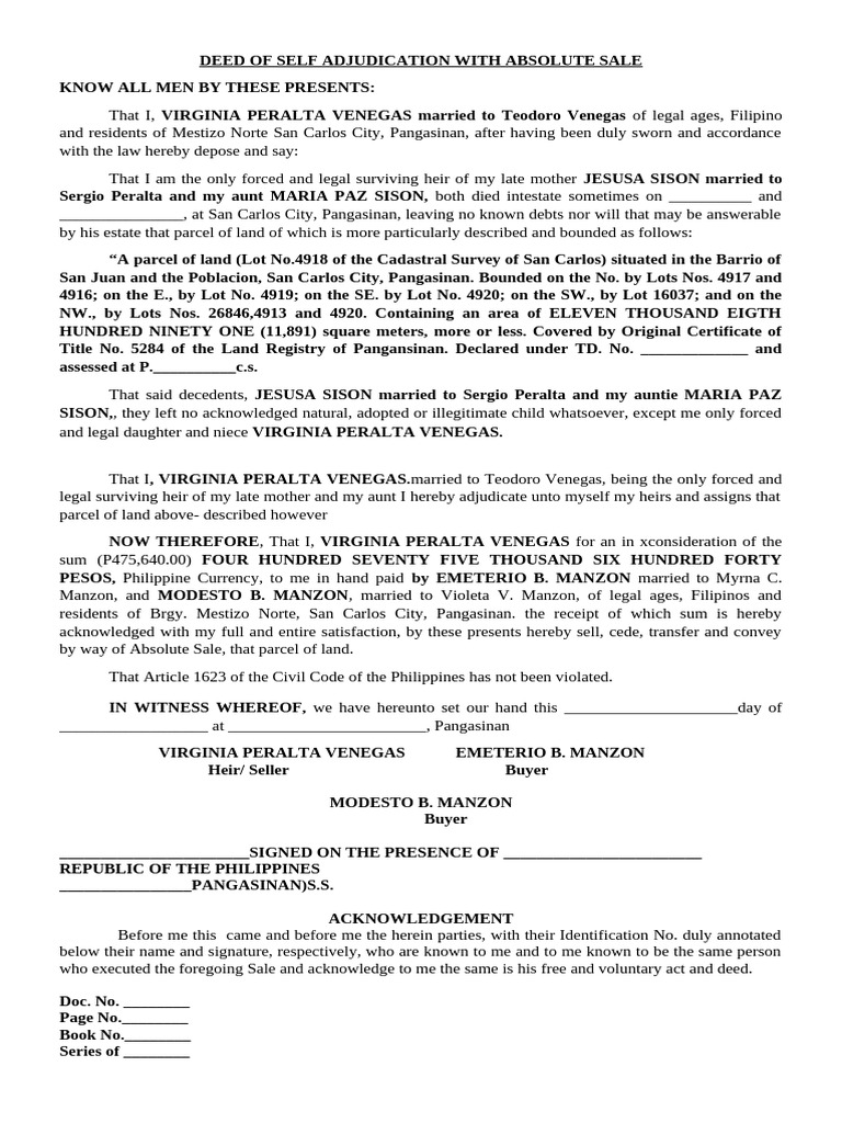 Deed of Self Adjudication With Absolute Sale - Modesto Manzon | PDF ...