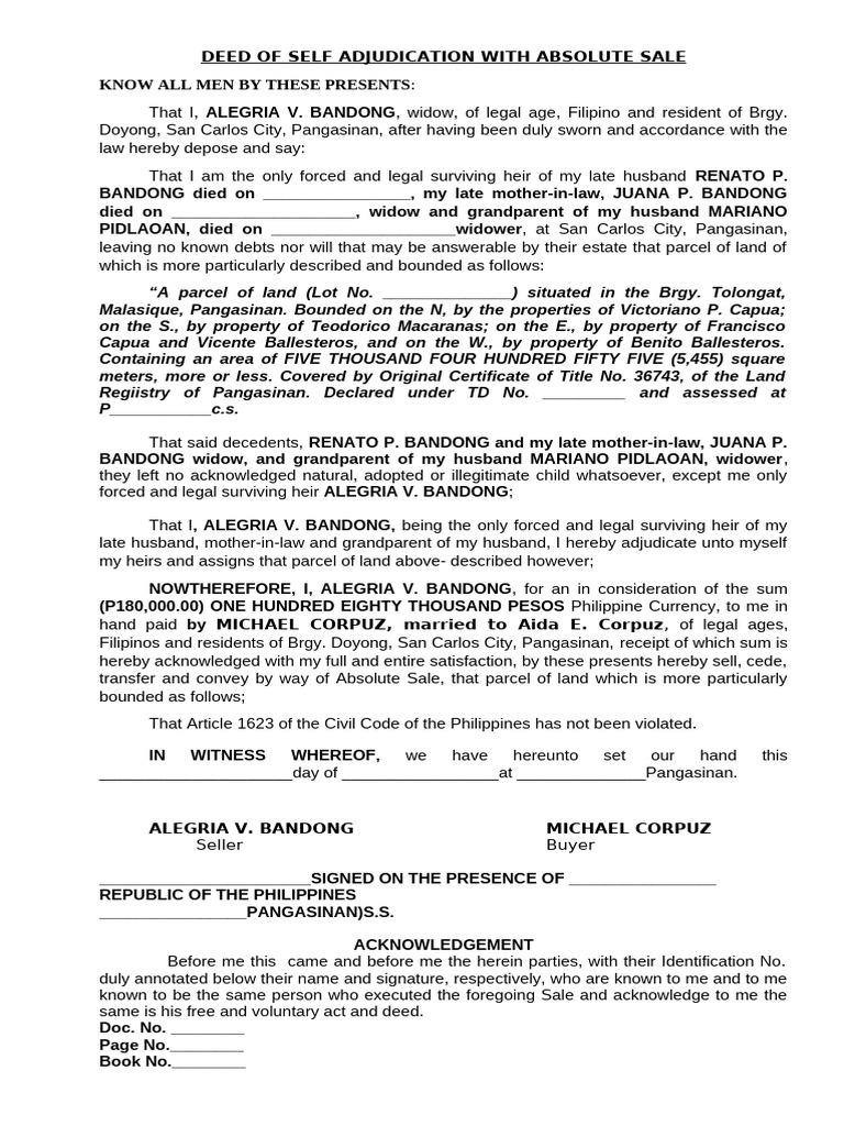 DEED OF SELF ADJUDICATION With Absolute Micheal Corpuz | PDF | Law And ...