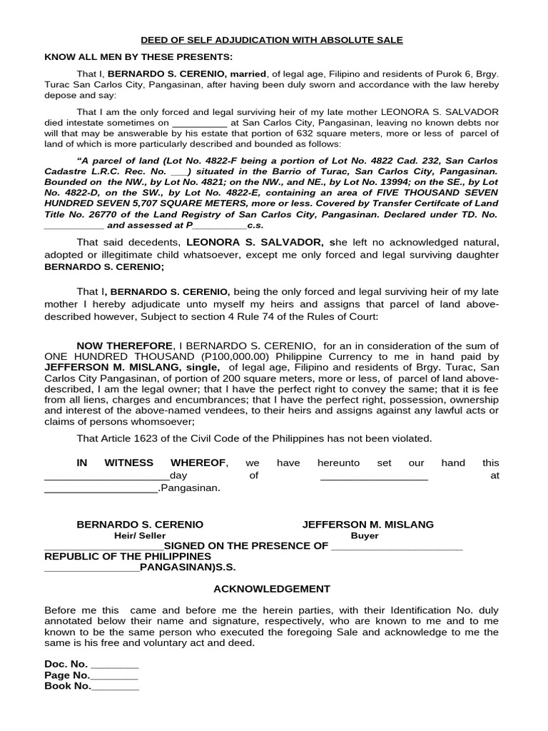 Deed of Self Adjudication With Absolute Sale - Maribel Mislang | PDF ...