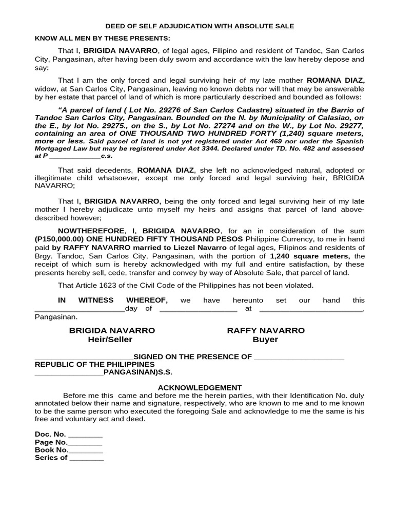 Deed of Self Adjudication With Absolute Sale - Brigida Navarro | PDF ...