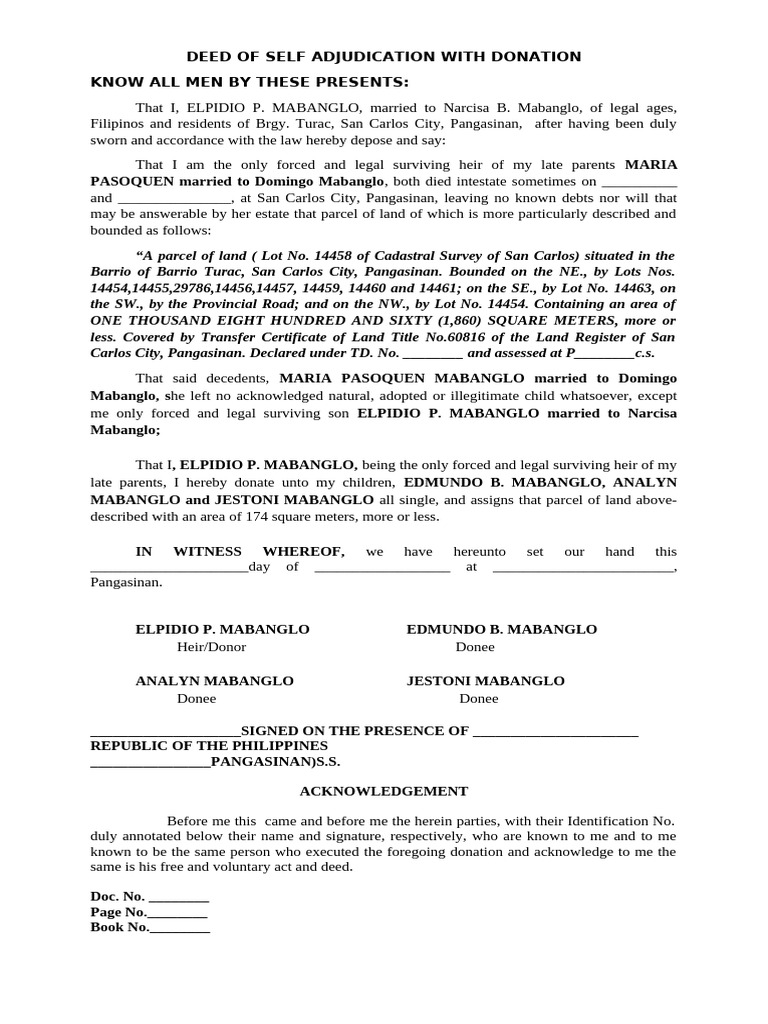 Deed of Self Adjudication With Donation-Elpidio Mabanglo | PDF | Common ...