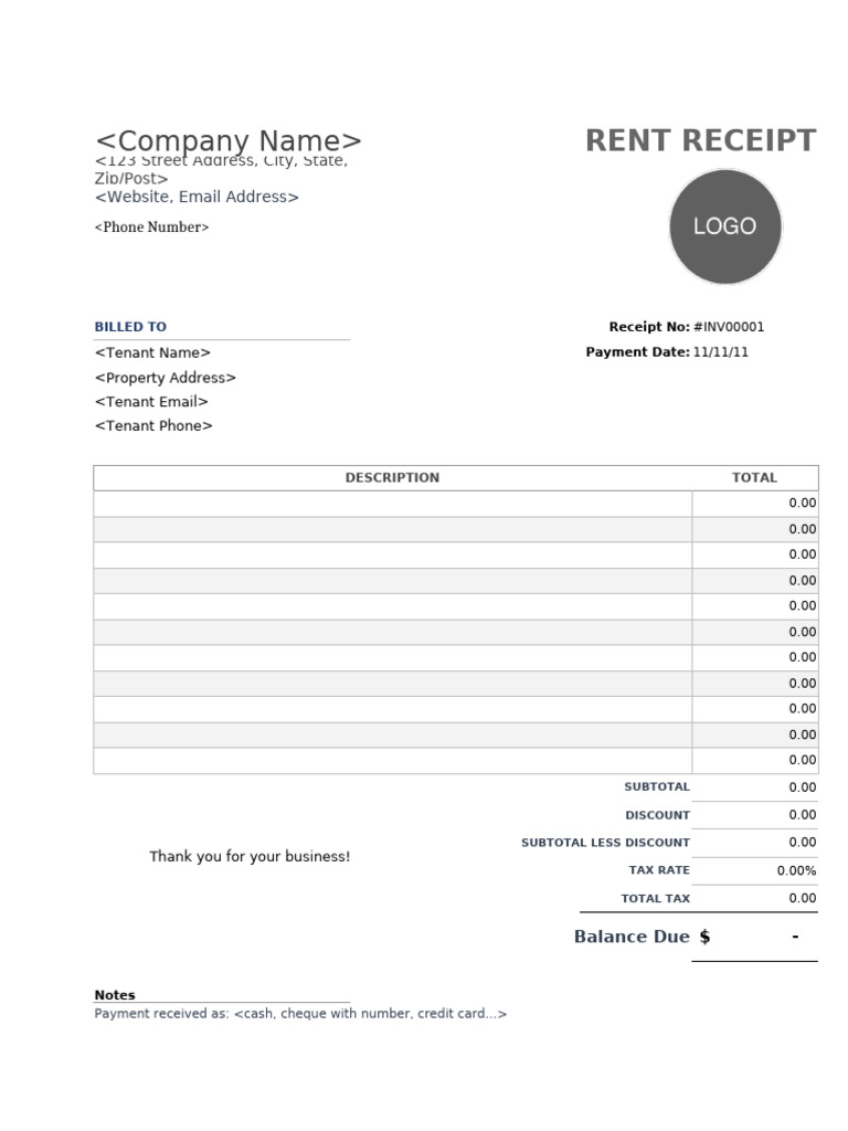 Rent Receipt Template 5 Excel | PDF