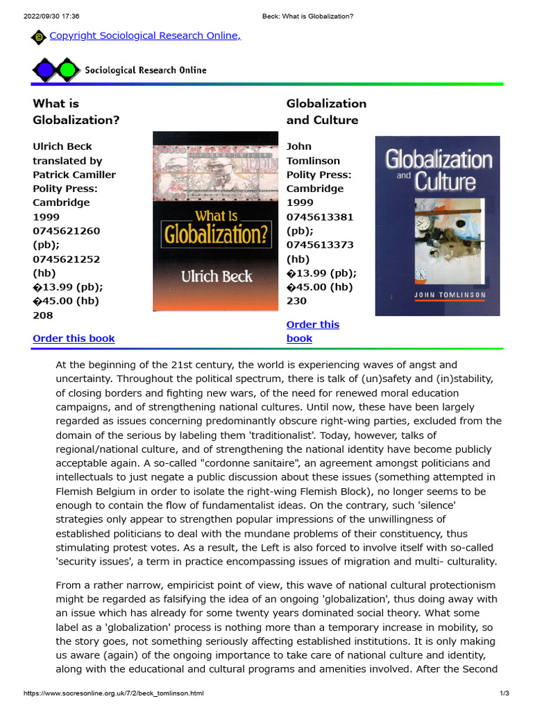 Beck - What Is Globalization - Synopsis | PDF | Identity (Social ...