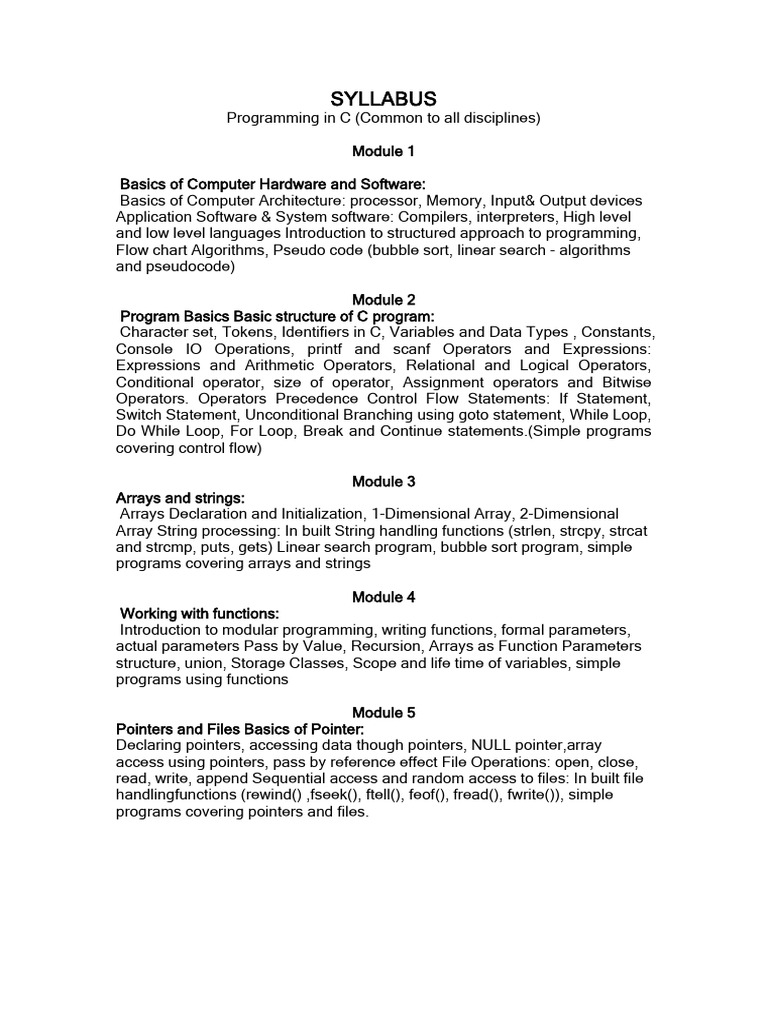 C Programming Syllabus Overview | PDF