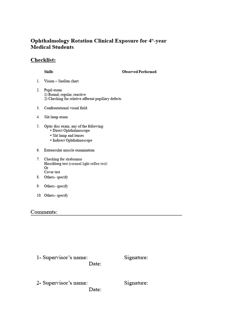Ophthalmology Clinical Exposure Checklist 2 | PDF