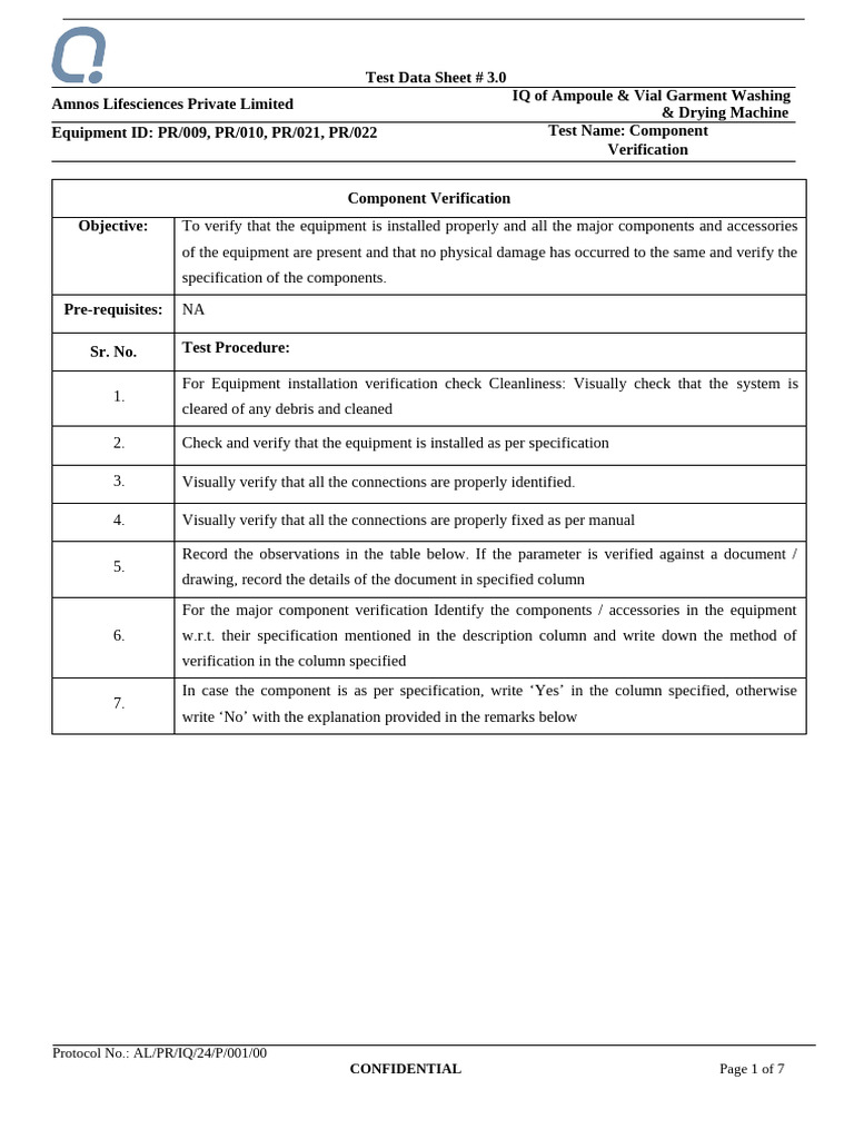 Amnos Lifesciences Component Verification | PDF | Verification And ...