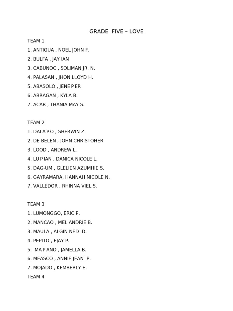 Grade Five Love Team Assignments | PDF