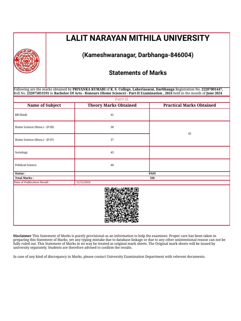 Lalit Narayan Mithila University: (Kameshwaranagar, Darbhanga-846004) Statements of Marks | PDF