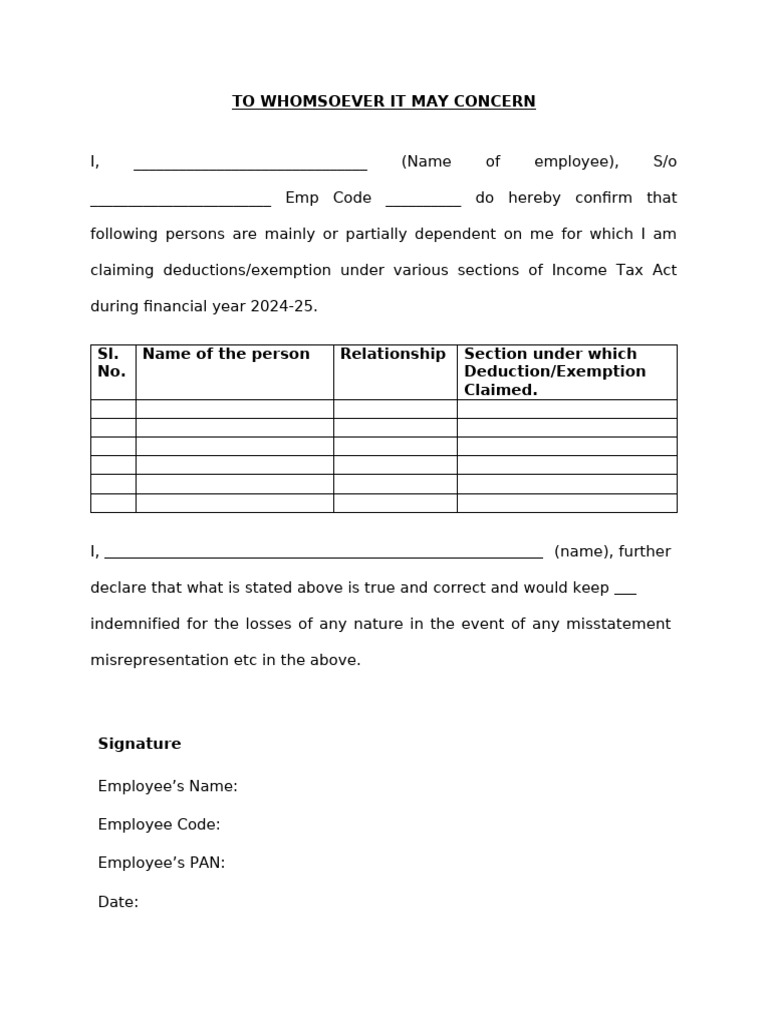 Declaration For Dependent Person | PDF