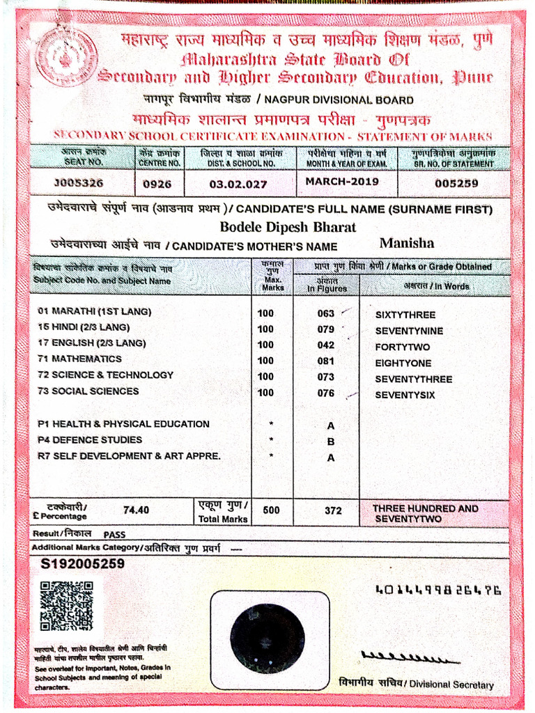 10 th Marksheet | PDF