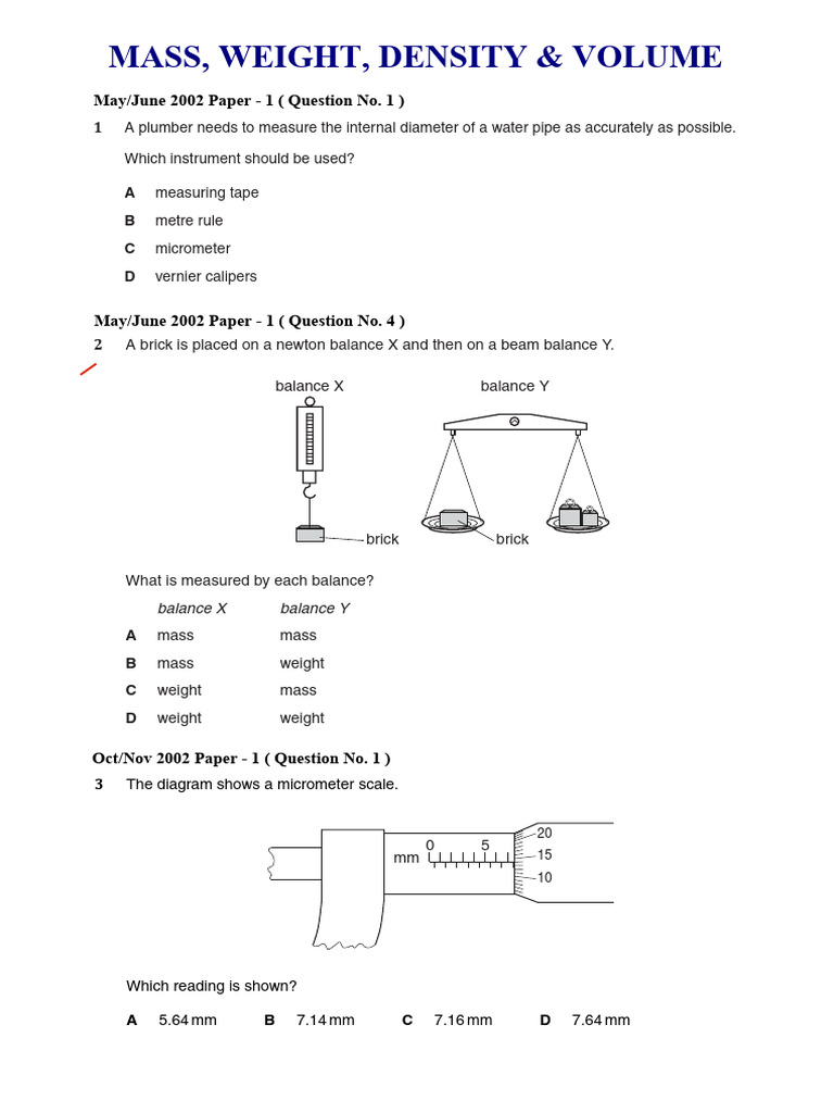 Mass, Weights, Density and Volume | PDF | Weight | Weighing Scale