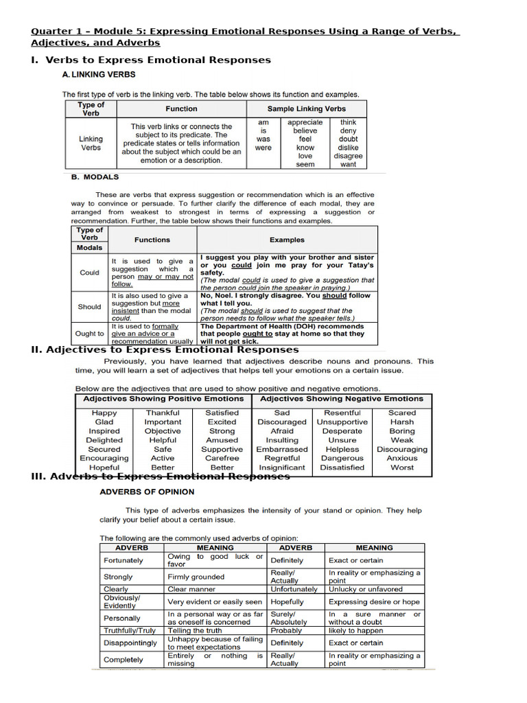 VERBS, ADJ ADV EXPRESS EMOTIONS | PDF