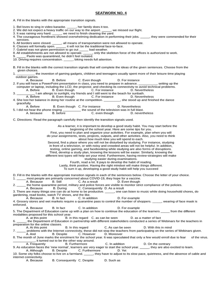 Transition Signals Worksheet | PDF