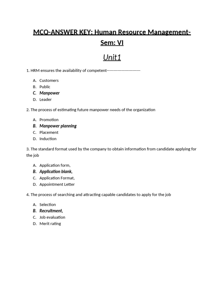 Answer-Hrm MCQ Sem Vi Final | PDF | Human Resource Management | Performance Appraisal