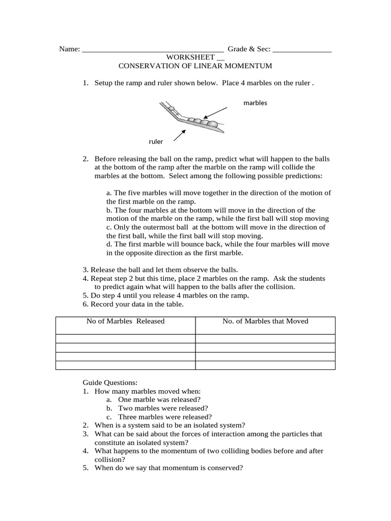 Conservation of Linear Momentum Worksheet | PDF