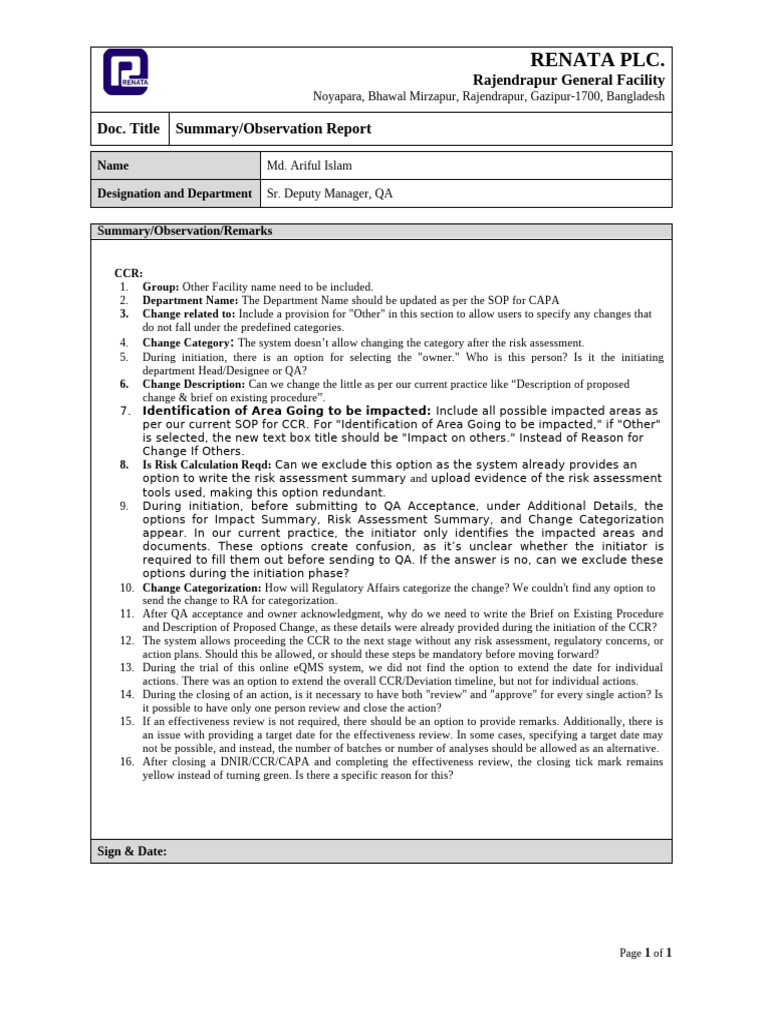 CCR Observation Summary From GP | PDF