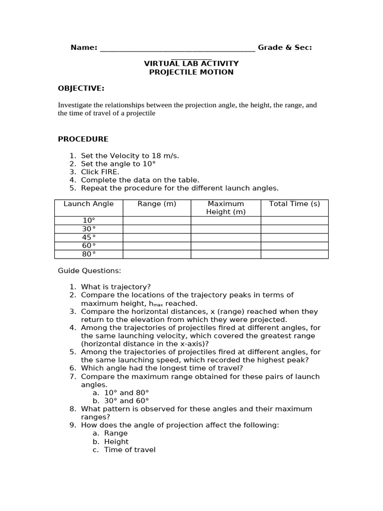 Projectile Motion Virtual Lab Guide | PDF