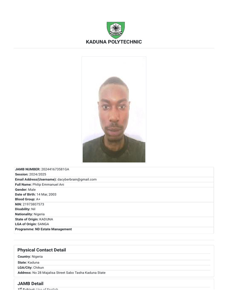 KADPOLY - POST UTME Application Slip | PDF