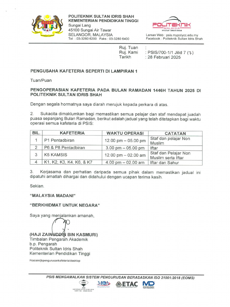 Surat Pengoperasian Kafe Bulan Ramadan 2025 | PDF