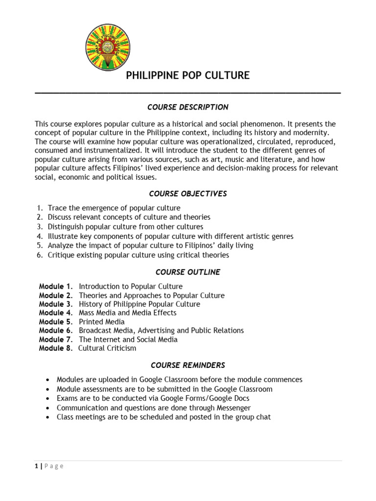 Philippine Popular Culture Course Overview | PDF | Popular Culture ...