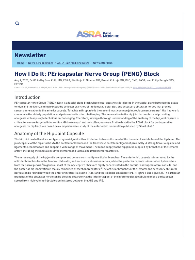Newsletter How I Do It: Pericapsular Nerve Group (Peng) Block | PDF ...