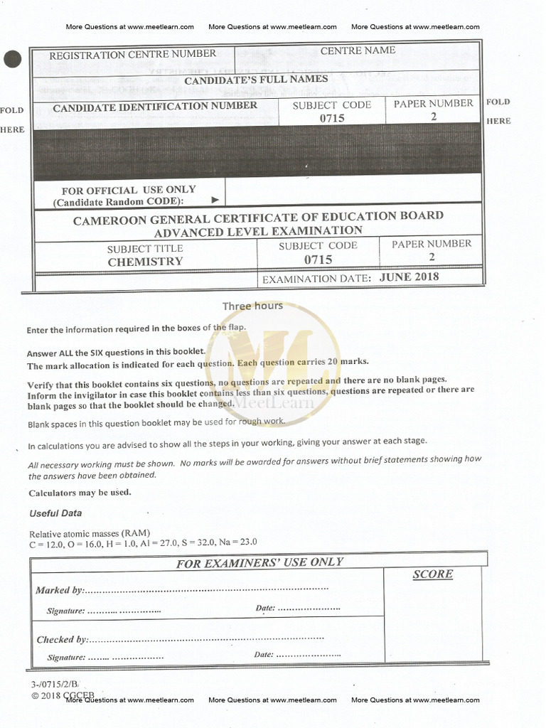 Chemistry Advanced Level Paper 2 2018 Cameroon GCE Questions Cameroon ...