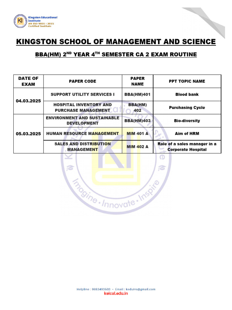 Bba (HM) 2nd Year CA 2 Exam Routine | PDF