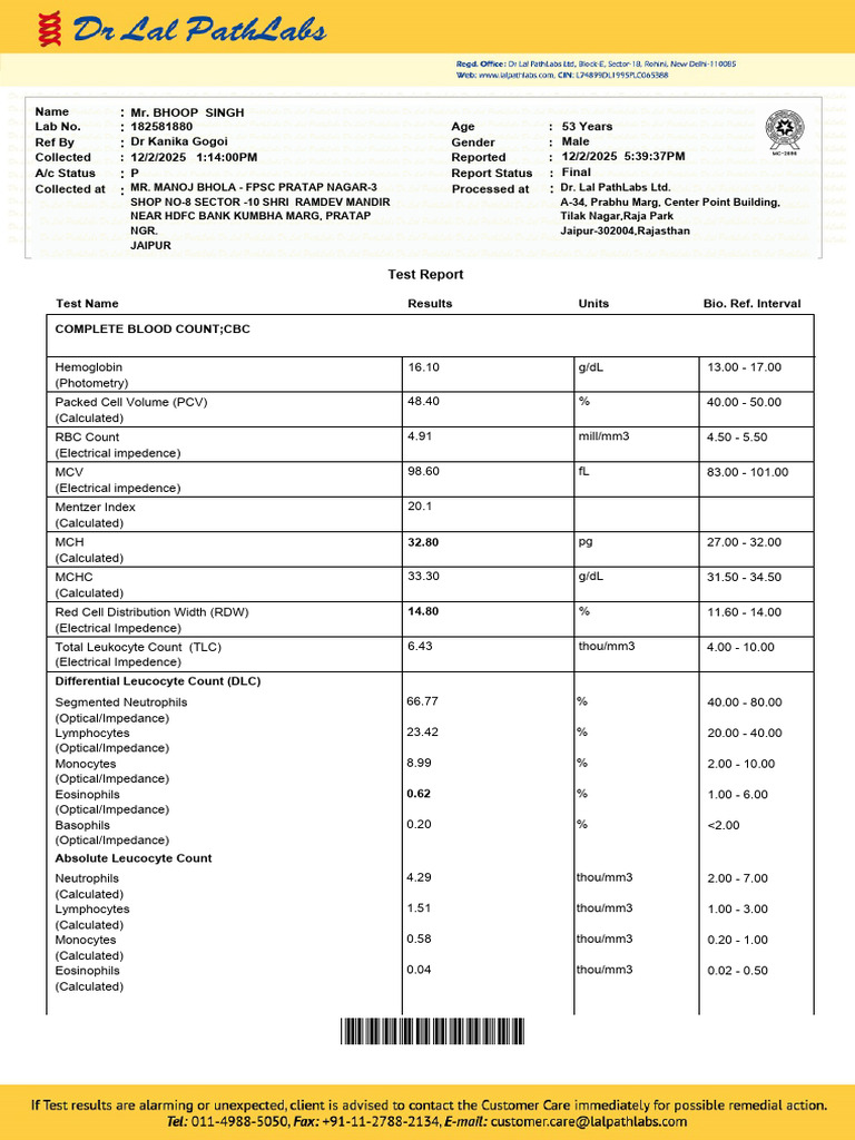 CBC and CRP Test Report for Male 53 | PDF | White Blood Cell | Tissue ...