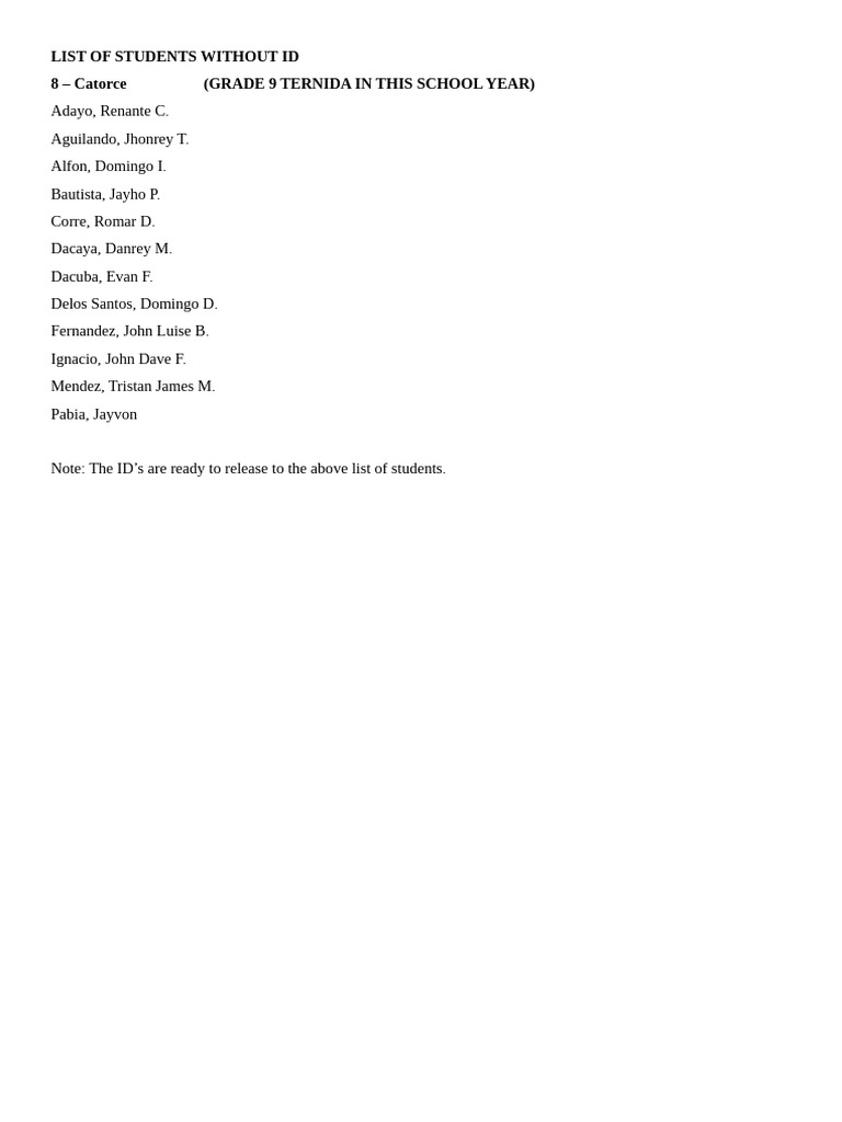 List of Students Without Id | PDF