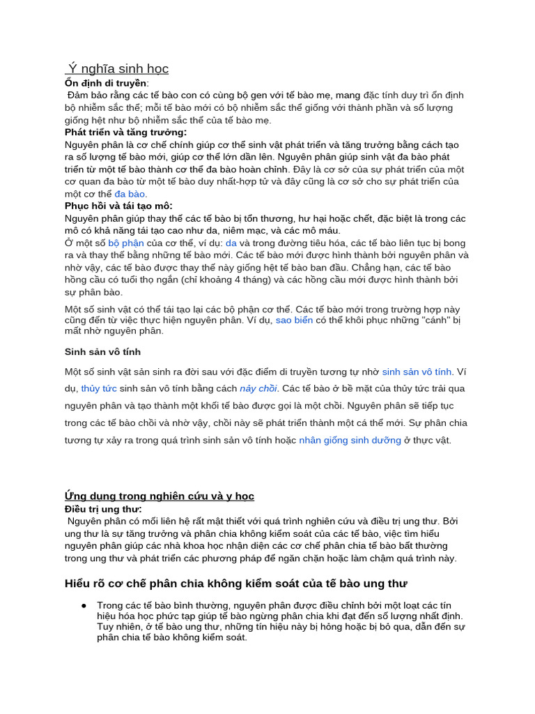 Ý Nghĩa Sinh Học Và Ứng Dụng y Học Của Nguyên Phân (1) | PDF