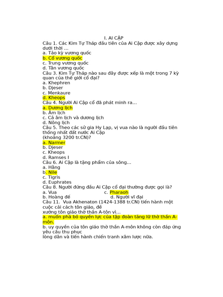 Trac Nghiem Ai Cap Lich Su Van Minh The Gioi 2 Truong Dai Hoc Duy Tan 112112 | PDF