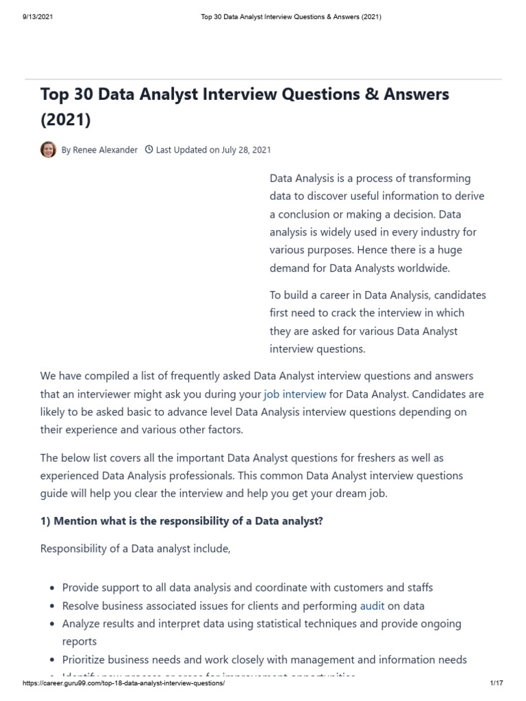 Data Analyst Interview Questions Guide | PDF | Data Analysis | Cluster ...