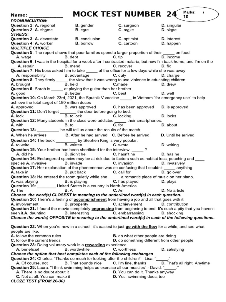 English Language Mock Test | PDF | Layoff | Internship