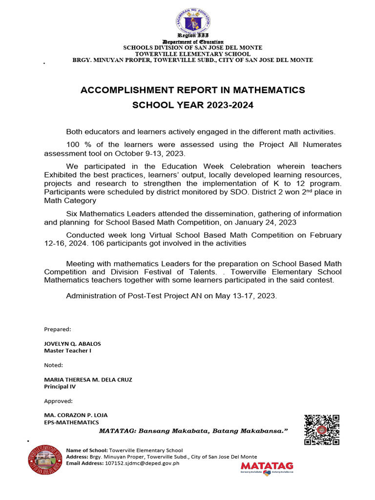 2023-2024 - ACCOMPLISHMENT REPORT in MATH | PDF
