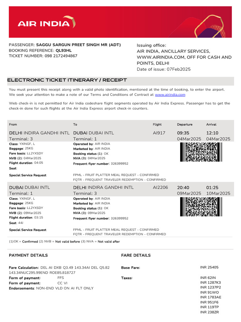 Air India Web Booking Eticket (QL93HL) - SARGUN PREET SINGH | PDF